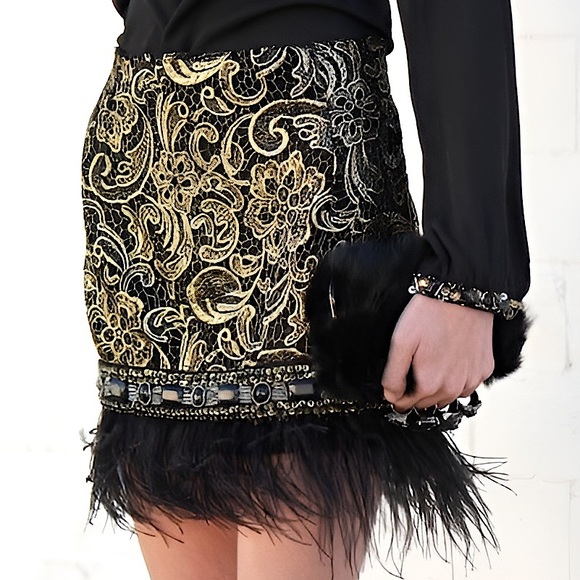 Rickety Rack | Skirts | Ostrich Feather Metallic Black Gold Luxury ...